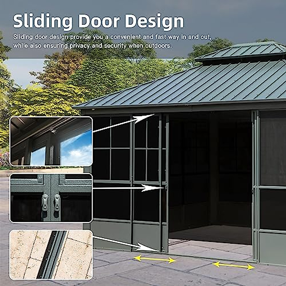 Domi 12x14FT Sunroom,Solarium Aluminum Hardtop Gazebo with Galvanized Steel Double Roof, Lockable Screen House,Moveable PC Screen&Sliding Door for Patio Deck Backyard Lawn