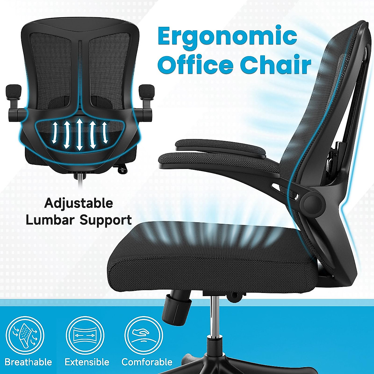 LaoJawBow Ergonomic Office Chair - Comfy Desk Chairs with Wheels and Arms, 400LB Heavy Duty Mesh Computer Chairs with Comfortable Lumbar Back Support for Home Office, Bedroom, Study and College Dorm