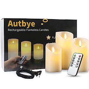 Autbye Rechargeable Flameless Candles, LED Flickering Candles Tealights Pillar Candles Sets with Adjustable Brightness and Timing Remote, 4in 5in 6in Pack of 3