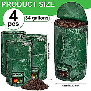 4 Pieces Compost Bin Bags Large 34 Gallon Reusable Yard Waste Bags Lawn Bags Heavy Duty Garden Bag Composting Bags Garbage Can Outdoor Container with Zipper Lid and Handles for Loading Leaf Trash