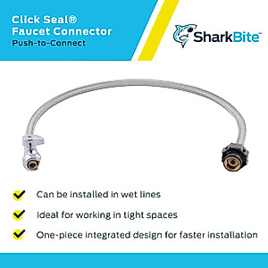 SharkBite 1/2 Inch Straight Stop x 1/2 Inch NPSM Click Seal Faucet Connector x 30 Inch, Push to Connect Brass Plumbing Fitting, PEX Pipe, Copper, CPVC, PE-RT, HDPE, 24687