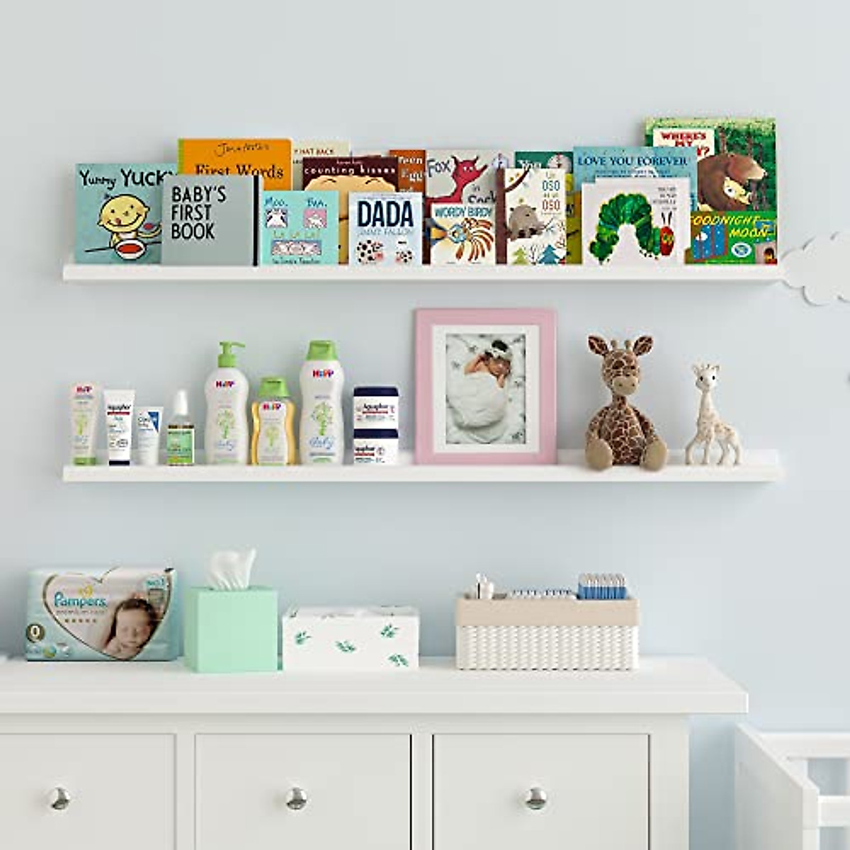 Wallniture Boston 46" Floating Shelves for Wall Decor, Photo Ledge for Living Room Decor, Floating Wall Bookshelves, Long Wall Shelves for Collage Picture Frames, White Kids Bookshelf Set of 2