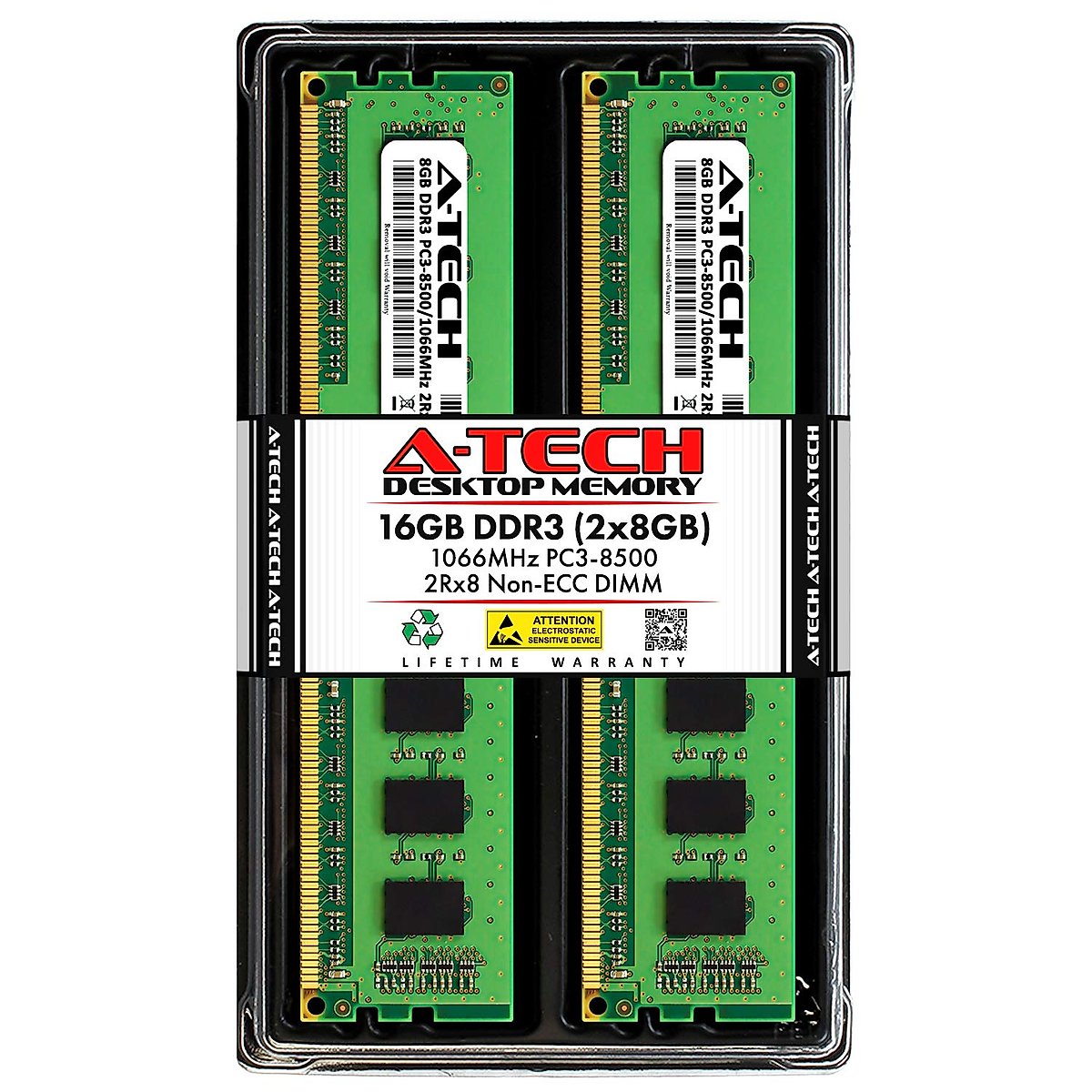 A-Tech 16GB DDR3 1066MHz Desktop Memory Kit (2 x 8GB) PC3-8500 Non-ECC Unbuffered DIMM 240-Pin 2Rx8 1.5V Dual Rank Computer RAM Upgrade Sticks