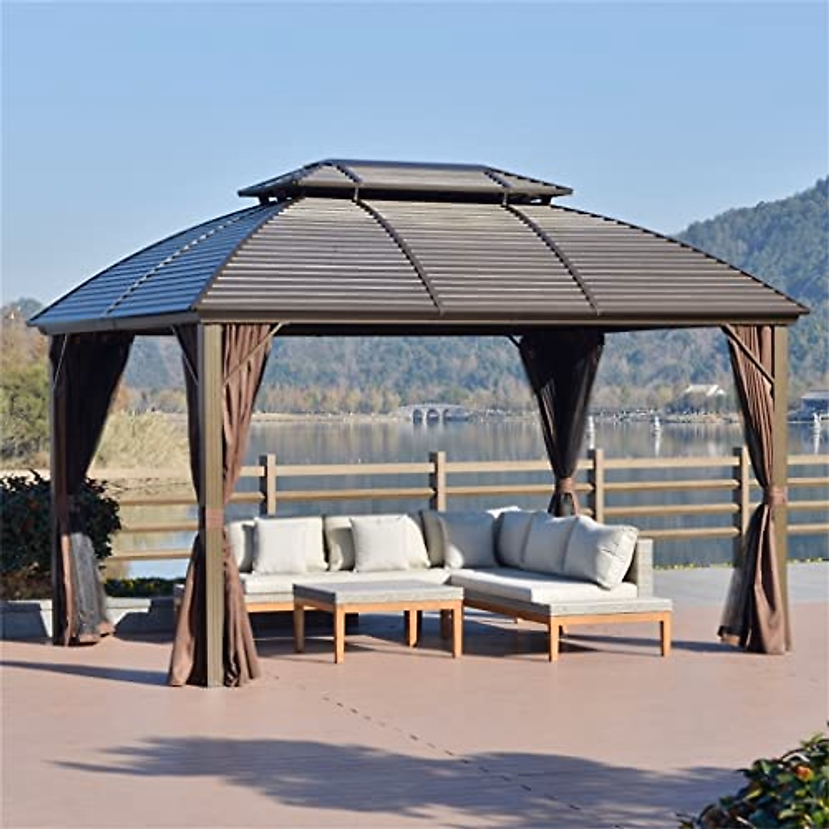 LHLLHL 10x12 Hardtop Gazebo with Aluminum Frame, Metal Roof Gazebo Canopy with Curtains and Netting for Gardens, Patios