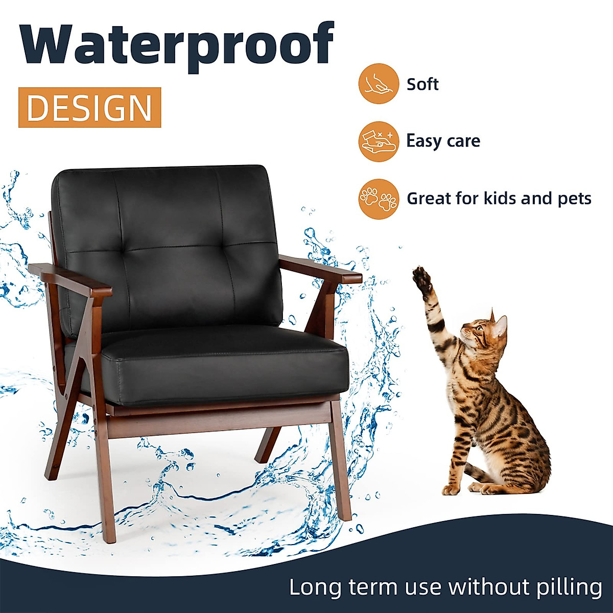 AODAILIHB Mid Century Modern Accent Chair, Retro Wood and Leather Armchairs, Vintage Reading Side Chair Comfy Accent Sofa for Living Room, Bedroom, Studio, Office (1, Black)