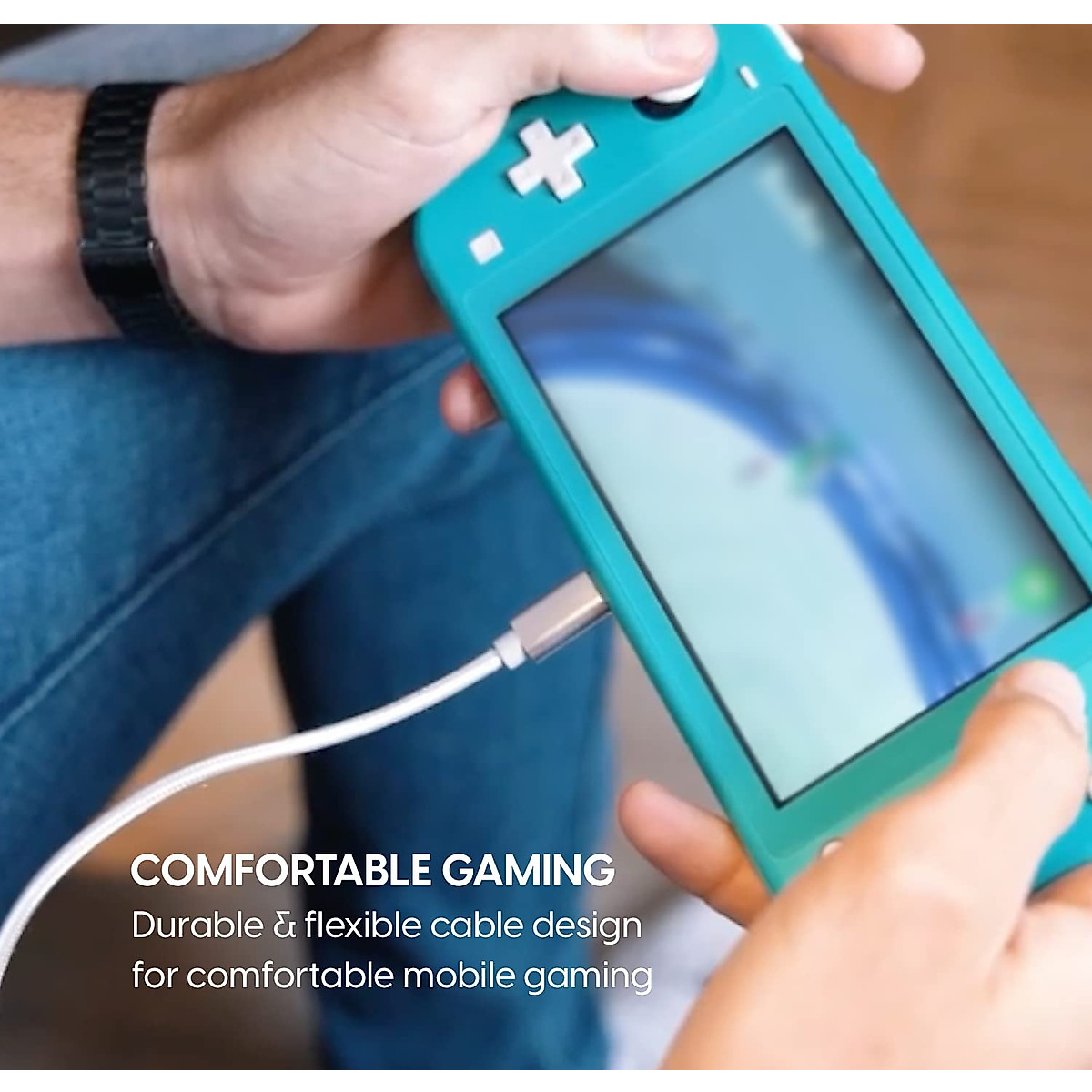 TALK WORKS Nintendo Switch Charger USB C Braided Nylon Cable Accessory - Extra Long 6' Flexible Charging Cord For Switch Lite / OLED (Silver)