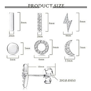 Hayoso 6 Pairs Sterling Silver Stud Earrings Hypoallergenic Earrings Stud Bar Circle CZ Stud Earrings Tiny Stud Earrings Set 14K Gold Plated Cartilage Earrings Studs for Women, White Gold Plated,