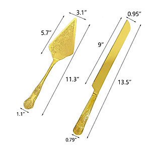 WEICHUAN Wedding Cake Knife and Server Set, Stainless Steel Engraved Cake Cutting Set for Bride and Groom Wedding Anniversaries Parties (Gold)