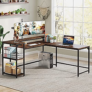 Tribesigns L Shaped Desk with Monitor Stand and Storage Shelves, Farmhouse Corner Computer Desk with Hutch, Crafting Gaming Table for Home Office, Rustic Style