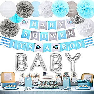 Elephant Baby Shower Decorations for Boy Blue and Sliver, It's A Boy Banner Paper Lantern Paper Pom Poms Flower Honeycomb Balls For Elephant Themed Baby Shower Decor
