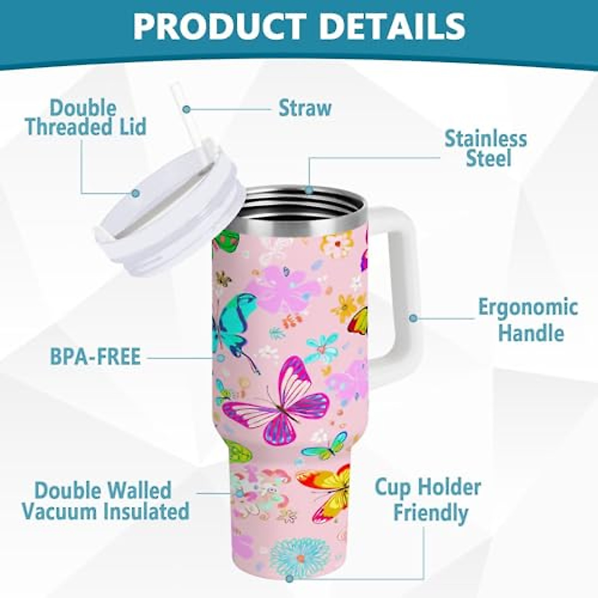 RPLIFE Colorful Butterfly Garden Pink 40oz Tumbler with Handle, Stainless Steel Cups with Lid, Tumbler for Men