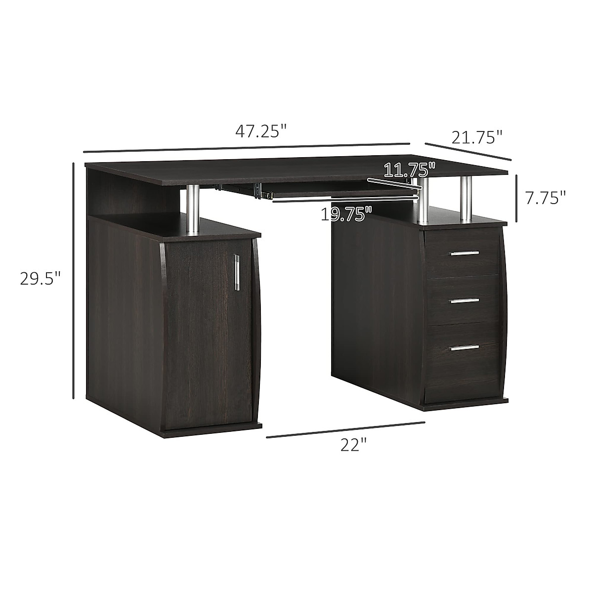 HOMCOM 47" Computer Desk with Keyboard Tray and Storage Drawers, Home Office Workstation Table with Storage Shelves, Dark Brown Wood Grain