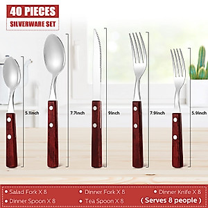 40 Pcs Wooden Handle Silverware Cutlery Set Walnut Handle 18/8 (304) Stainless Steel Cutlery Set Wooden Handle Knife Fork Spoon Reusable Utensils Serves for 8 (Mahogany Color)