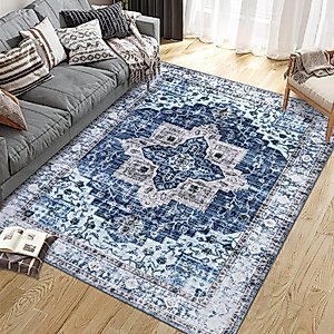 MilleLoom 10x13 Area Rugs, Stain Resistant Washable Rugs with Non-Slip Backing, Large Rugs for Living Room, Bedroom - Soft & Low Pile Vintage Area Rug,Blue