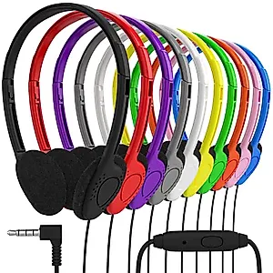 Maeline Bulk On Ear Student Headphones with Microphone for School, Library, Classroom, Airplane, Kids Online Learning and Travel, 3.5 mm Headphone Plug - 10 Pack - Multi Color