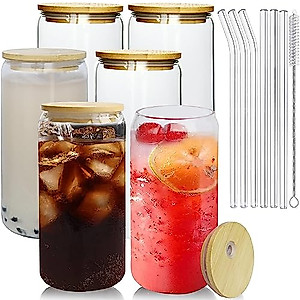 LMHEJING 6 Pieces 20oz Beer Glass with Lids and Straw, 20oz Glass Cups Glass Cups Beer Cute Tumbler Cup, Ideal for Whiskey, Soda, Tea, Water
