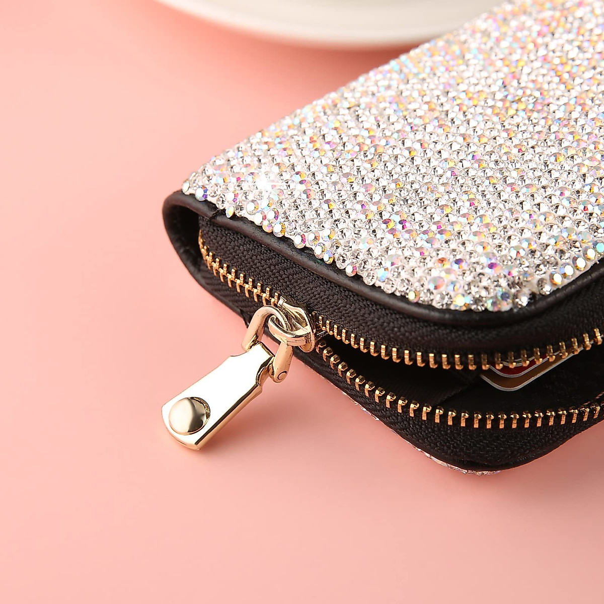 AsAlways RFID Rhinestone Credit Card Holder Multilayer Zipper Case Bling Crystal Slim Small Wallet for Women
