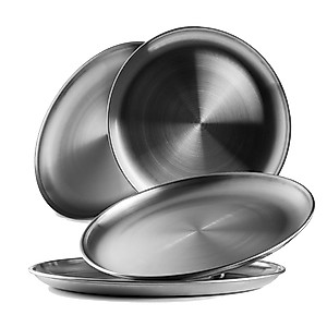 Reusable Brushed Metal 18/8 Dinner Plates- Vintage Quality 304 Stainless Steel Silver Color Heavy Duty Kitchenware Round Metal 9 Inch Plates | Dishwasher Safe | BPA Free| Use for BBQ Steak (4 Pack)