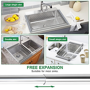 cycleacc 13"- 24" Roll Up Dish Drying Rack, Expandable Over The Sink Dish Drainer Drying Rack, Large Folding Collapsible Stainless Steel Roll Up Dish Drying Rack, Kitchen Foldable Over Sink Organizer