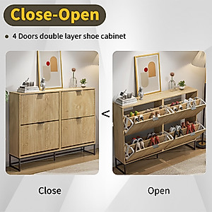 Jluomei Shoe Cabinet Storage for Entryway Slim Modern Shoe Rack Cabinet with 4 Flip Drawers Tipping Wooden Narrow Shoe Cabinet Freestanding Fluted Shoe Organizer for Living Room, Wood