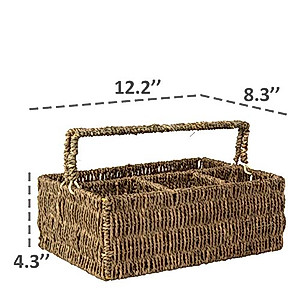 MadeTerra Large Wicker Utensil Caddy Carrier | Seagrass Woven Condiment Holder for Table - Kitchen Set Counter Top Organizer - Rustic Small Storage for Dinner Set , Wine