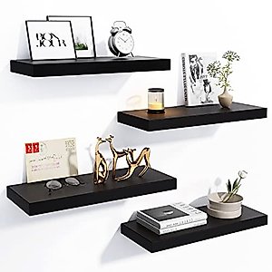 Fixwal Floating Shelves, Set of 4 Black Wood Shelves, Wall Mounted Shelf for Brick Wall, Bedroom, Living Room, Bathroom and Plants