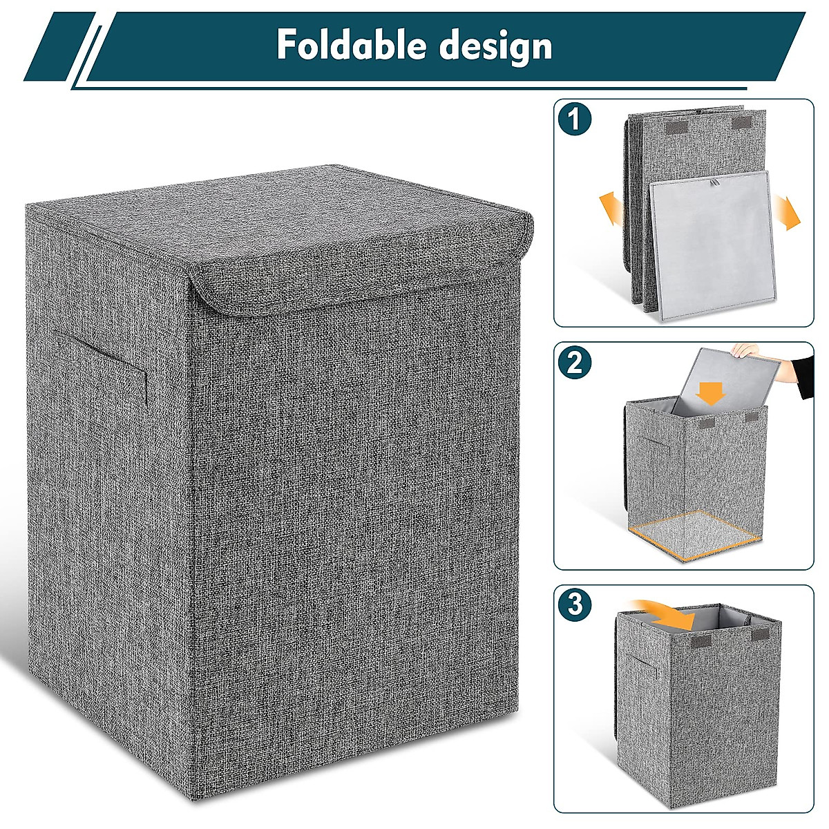 Laundry basket with Lid,Laundry hamper,No installation need,Collapsible Laundry basket with Handles,Dirty Clothes Toys laundry Hamper for Bathroom washroom,basket for Laundry,Grey 38L