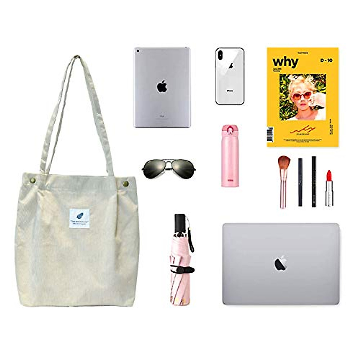 MODANA Corduroy Tote Shopping Bag with Interior Pocket, Reusable Washable and Ecofriendly, Perfect Totes for Shopping Travelling School and So on (Beige)