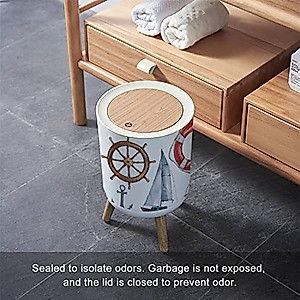 Trash Can with Lid Watercolor Hand Drawn Nautical Marine with Lighthouse Lifebuoy Anchor Press Cover Small Garbage Bin Round with Wooden Legs Waste Basket for Bathroom Kitchen Bedroom 7L/1.8 Gallon