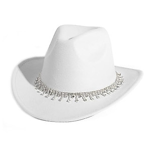 HUDANHUWEI Rhinestone Cowgirl Cowboy Hat Shiny Wide Brim Hat for Party B-White