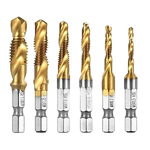 6 Pcs Spiral Tap Drill Bit Set Titanium Coated HSS Fluted Machine Screw Tap Kit, Hex Shank Combination Drill Tap Bit Spiral Screw Tap Set M3-M10, (1 Pack 6 Pcs Silver)
