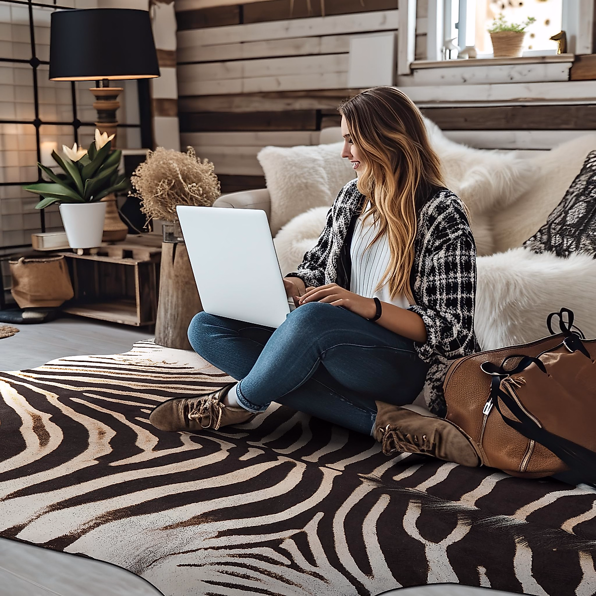 jinchan Zebra Print Area Rug Faux Skin Cowhide Animal Design Mat Faux Suede Indoor Floorcover for Bedroom Living Room 5x6 Safari Design