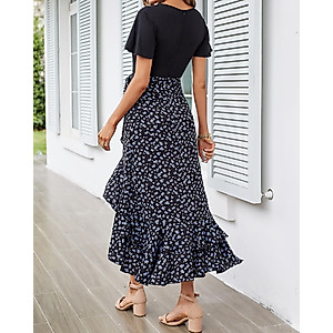 BTFBM Womens Maxi Summer Dresses 2025 Short Sleeve V Neck Boho Floral Print Belted High Low Ruffle Party Cocktail Dress(Floral Black Blue, X-Large)