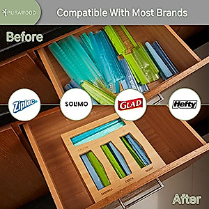 Purawood Ziplock Bag Storage Organizer - Natural Bamboo Drawer Organizer to Declutter Your Kitchen – Easy & Efficient Plastic Bag Organizer - Plastic Bag Holder Compatible with all Brands