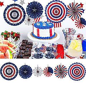 4th/Fourth of July Patriotic Ddecorations -Red White Blue Hanging Paper Fans for American Independence Day Party Decor Supplies(Set of 12)