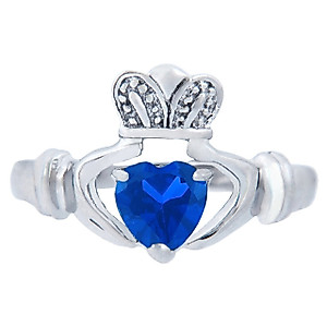 Personalized Sterling Silver Solitaire September Birthstone Heart CZ Irish Claddagh Ring (Size 7)