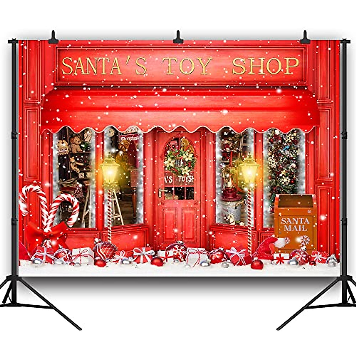 DePhoto Red Christmas Photo Backdrop Santa's Toy Shop Candy Cane in Snow World Xmas Family Holiday Party Banner Photography Background Supplies Decor Studio Prop PGT673F 15X10ft