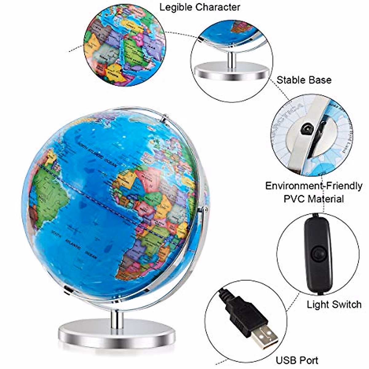 Goplus Desktop World Globe, Educational Geographic World Globe with LED Lights for Students Adults, 720° Rotation Decorative Globe, Easy to Read Labels Over 4000 Locations for Classroom, Office