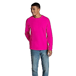 Fruit of the Loom Men's Eversoft Cotton T Shirts, Breathable & Moisture Wicking with Odor Control, Long Sleeve-Cyber Pink