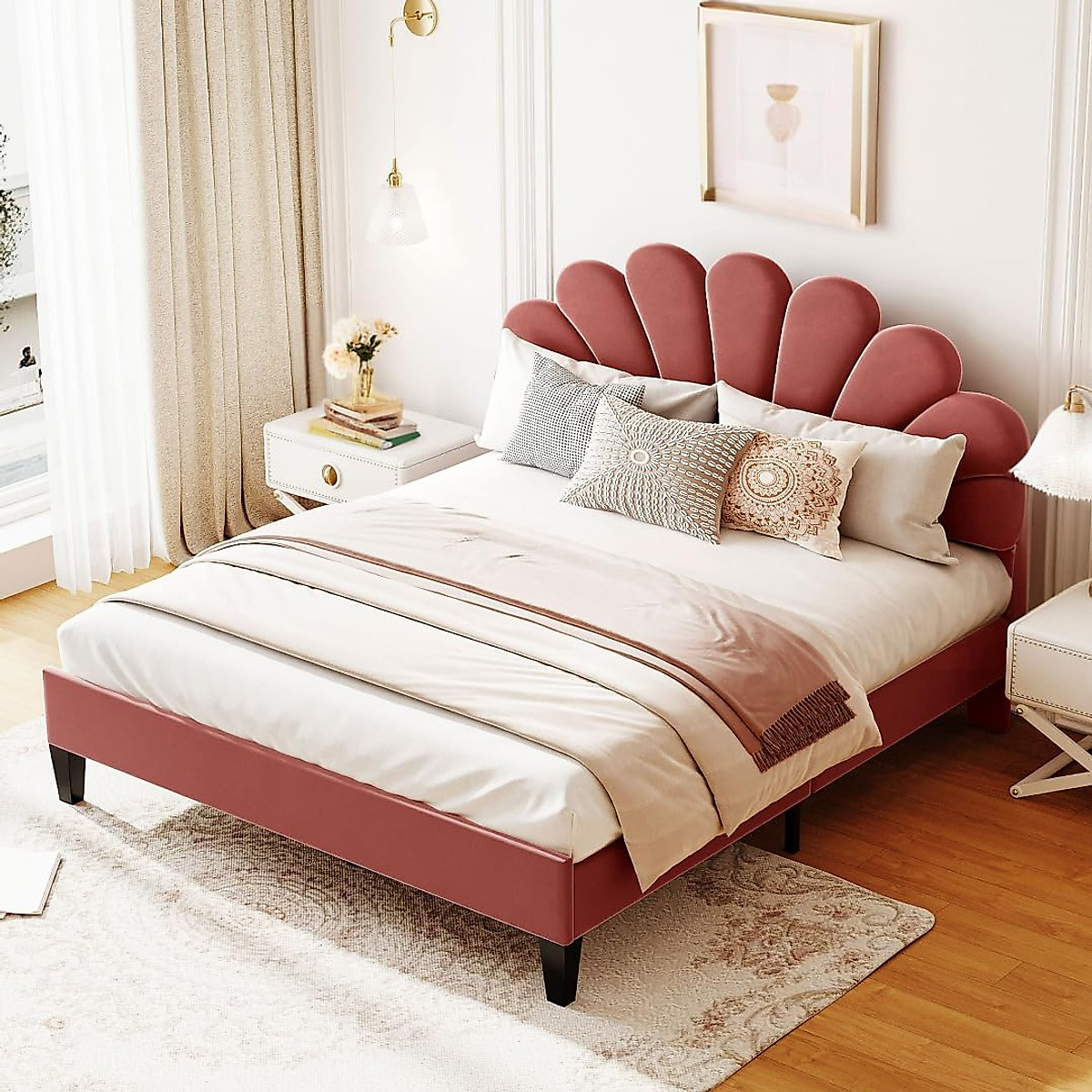 Okak Queen Size Upholstered Platform Bed Frame with Flower Pattern Velvet Headboard Velvet Fabric Bed Frame for Bedroom,Guestroom,Easy Assembly, Mattress Foundation,Bean Paste Red