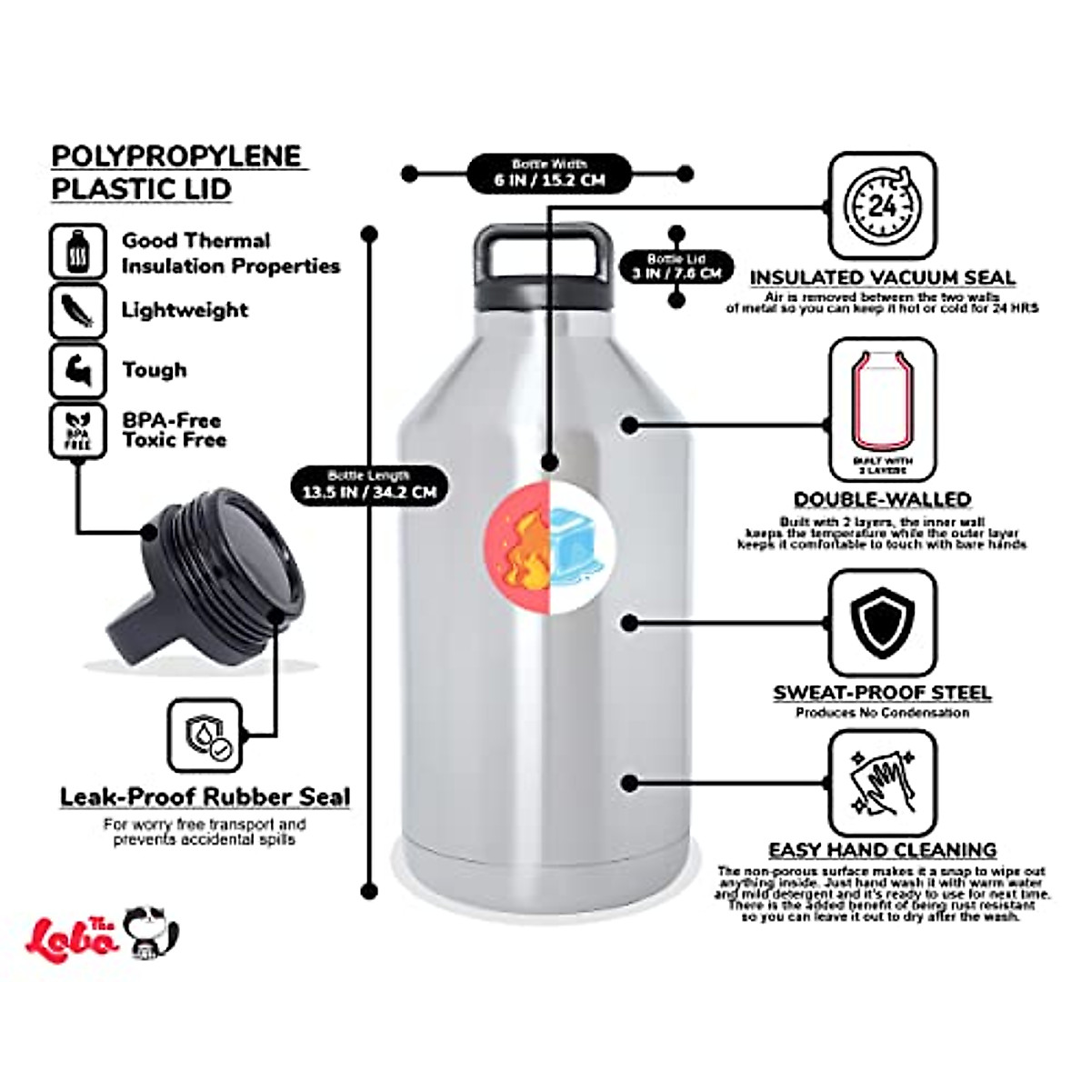 128 OZ BPA-Free Lid Stainless-Steel Insulated Metal Water Bottle Thermos | 24 HR Temperature Retention Hot And Cold | Portable For Outdoor Travel | Leakproof Coffee Carafe Container | The Lobo