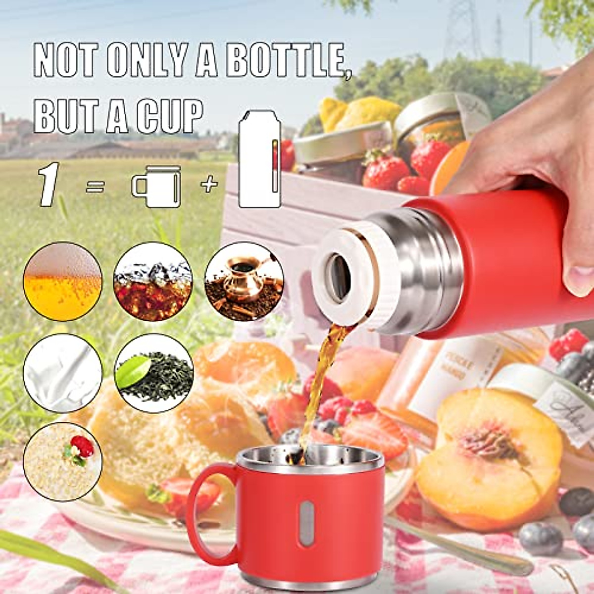 Thermoses Bottle Double Layer Stainless Steel Thermos Vacuum Insulated Sports Water Bottle Coffee Mug with Handle 24h Keeps Hot and Cold Drinks Suitable for Sports Hiking and Cycling (red)