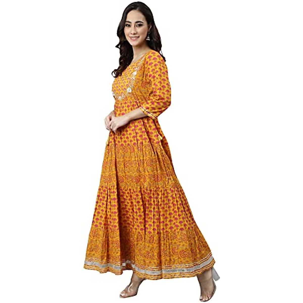Janasya Women's Mustard Cotton Floral Print Flared Kurta(JNE3971-KR-XL)