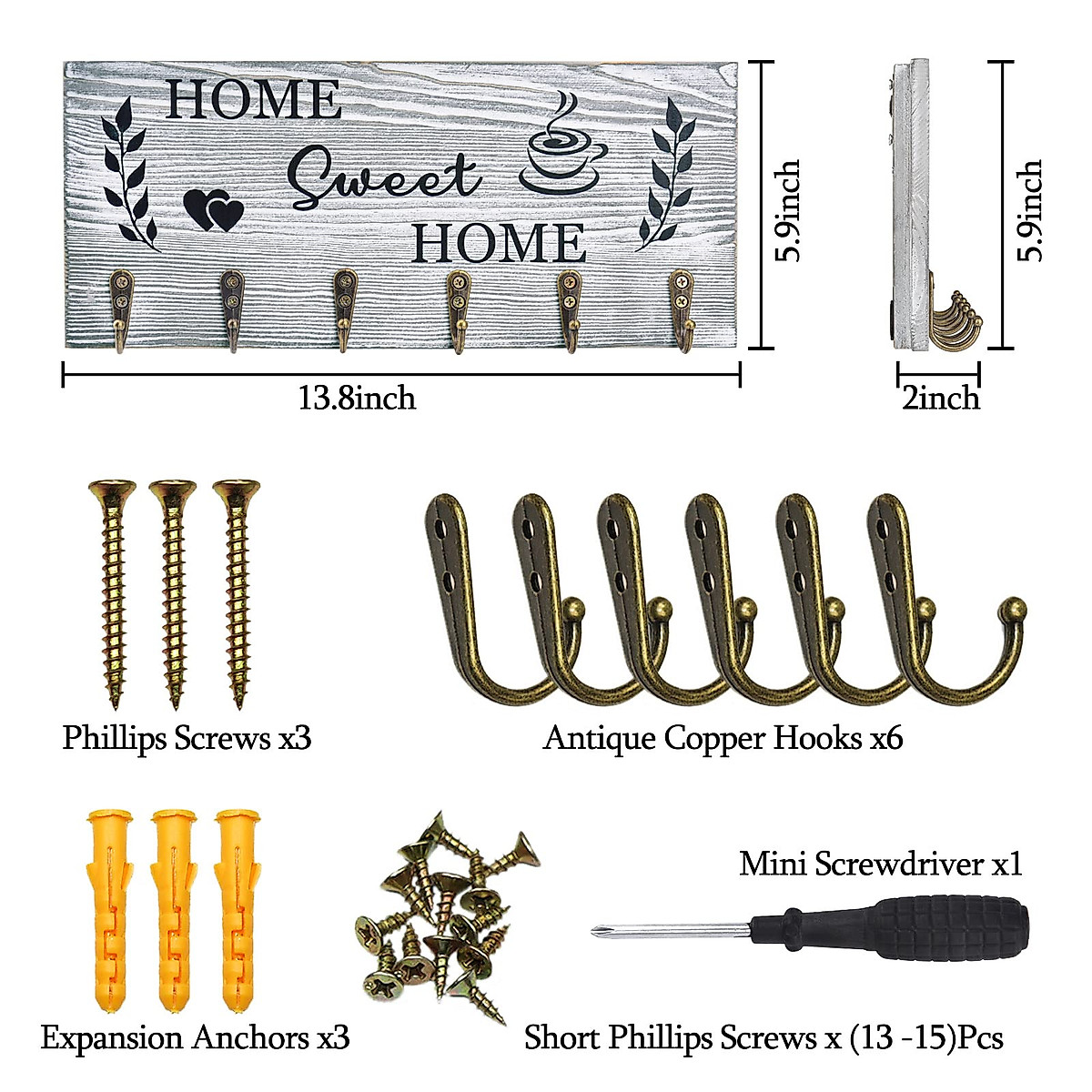 AHYS Key Holder Wall Mount Rustic Home Sweet Home Sign with Key Holder for Wall Decor Key Hanger Key Rack with 6 Key Hooks Wall Key Holder for Entryway Living Room Bedroom - Grey