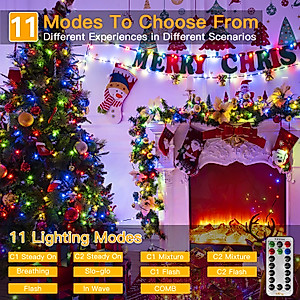 Ollny Solar String Lights Outdoor 2Pack Each 180LED 60FT 11Modes IP67 Waterproof, Warm White & Multicolor Solar Fairy Lights with Timer Memory for Patio Christmas Decorations