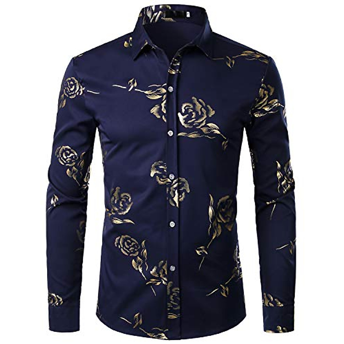 ZEROYAA Men's 3D Golden Rose Printed Slim Fit Long Sleeve Button Down Floral Dress Shirts ZZCL30 Navy Blue Small