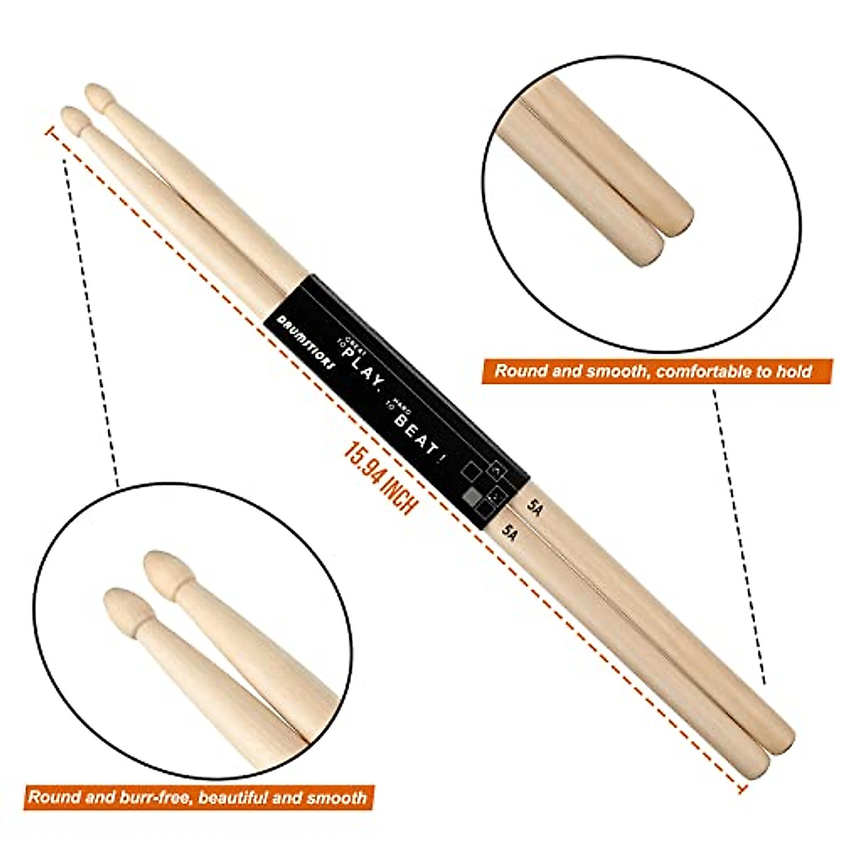 20 Pairs Drum Sticks Maple Drumsticks Oval Tip Drum Sticks Set Drum Accessories Wood Drumsticks for Adults Kids Drumming (5A)