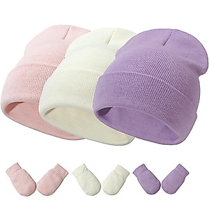 Baby Hats and Mittens Set Infant Toddler Beanie Caps Hospital Hat Set Newborn Gloves for Baby Boys Girls White/Pink/Purple S