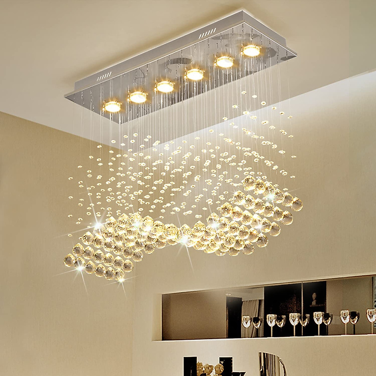 Modern Wave Chandelier, Rectangular Crystal Raindrop Chandelier Flush Mount Pendant Lighting Chrome Ceiling Light Fixture for Dining, Living Room, Kitchen Island, Bedroom of CRYSTOP