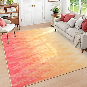 Lahome 8x10 Modern Ombre Bedroom Rug, Washable Area Rug for Kids Room, Diamond Nursery Rug with Rubber Backing, Stain Resistant Soft Rug for Living Room (Pink/Yellow)